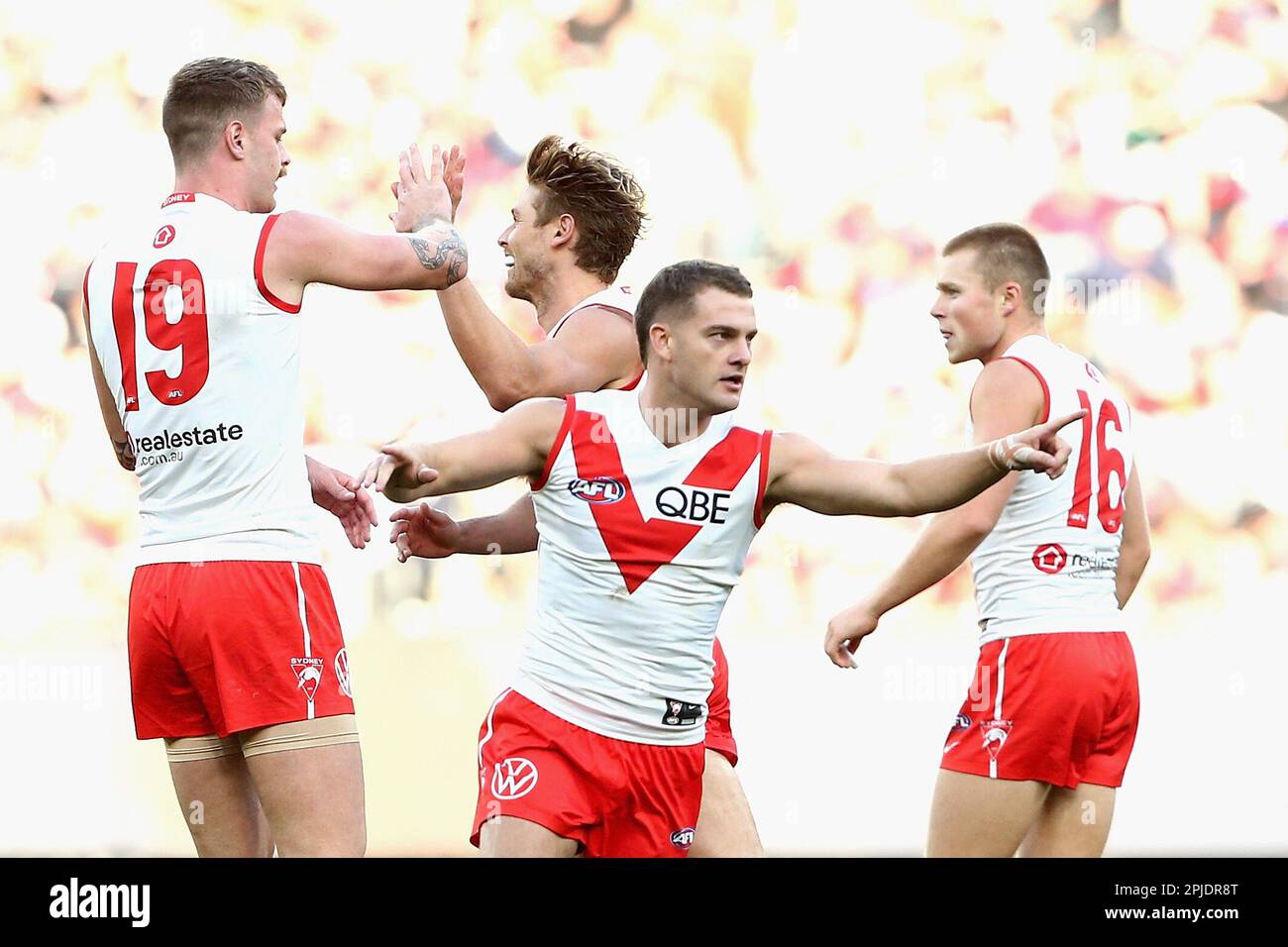 Tom Papley of the Swans celebrates a goal during the AFL Round 3 match ...