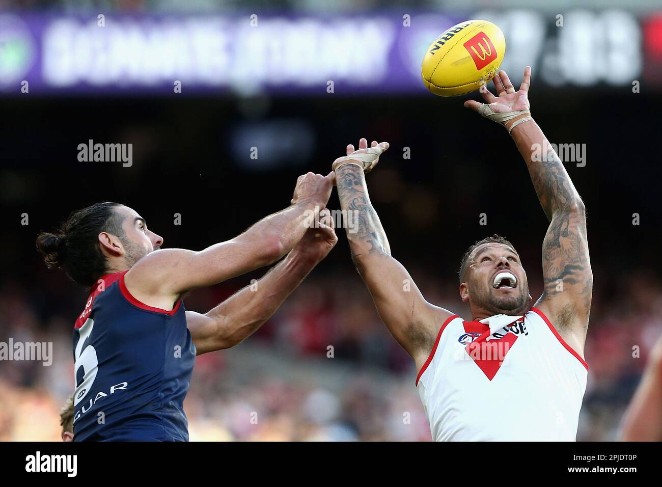 Lance Franklin of the Swans takes a mark during the AFL Round 3 match ...