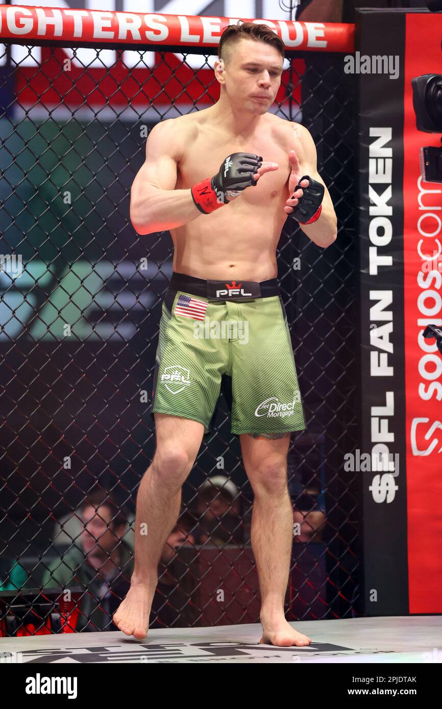 Las Vegas, NV, USA. 1st Apr, 2023. Featherweight Chris Wade in the octagon prior to the start of ...
