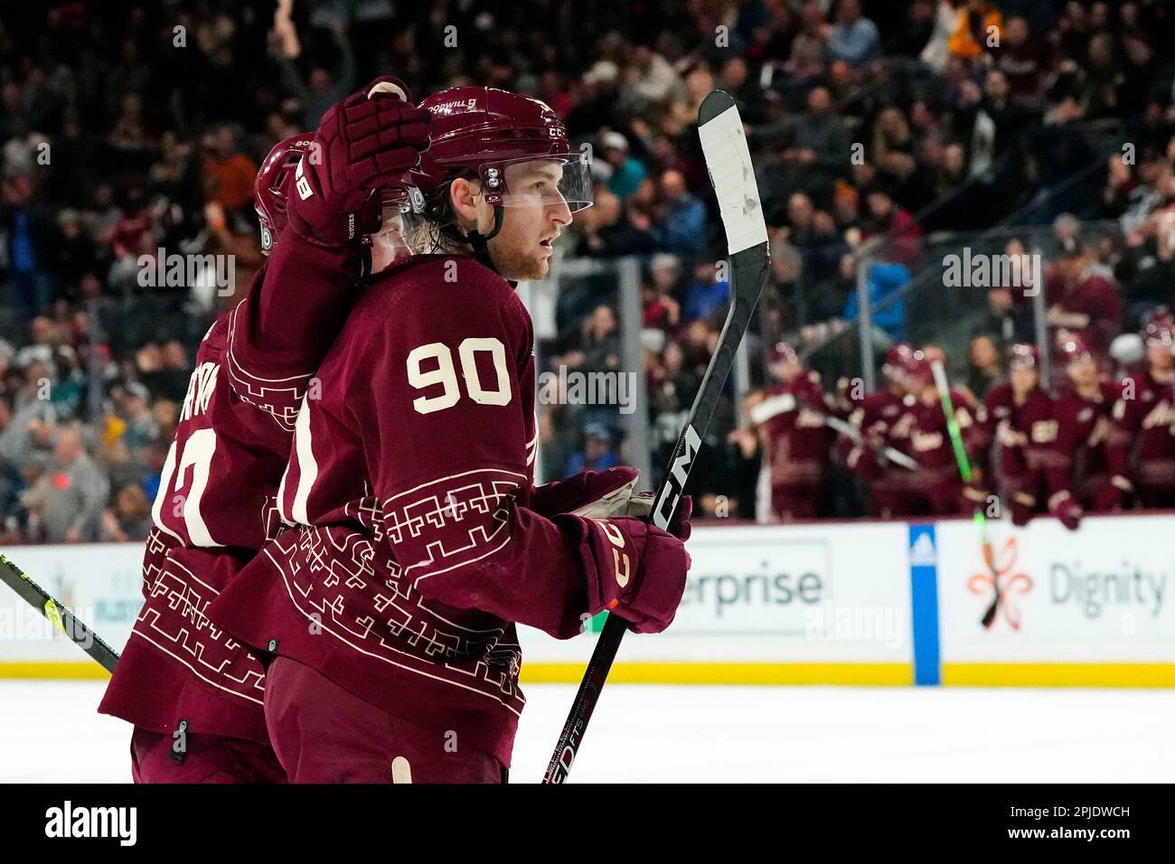 Arizona Coyotes defenseman J.J. Moser (90) celebrates his goal against ...