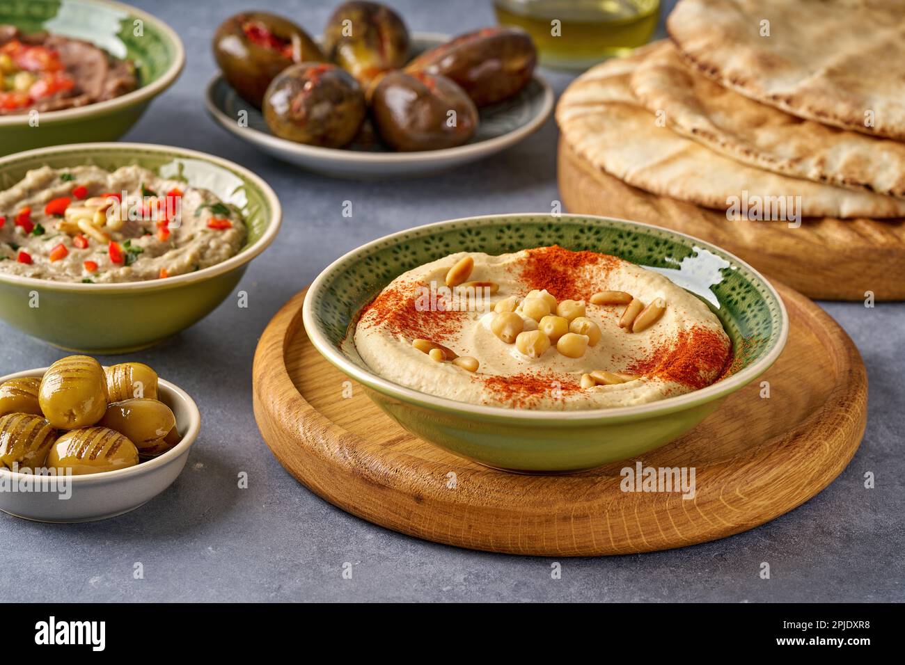 Middle eastern, arabic traditional breakfast with hummus, foul ...