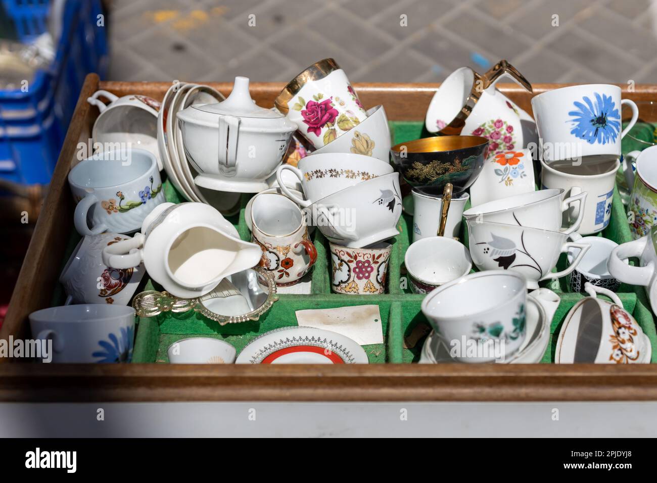 A century-old blue tea set with roses at the Spitalfields Flea Market ...