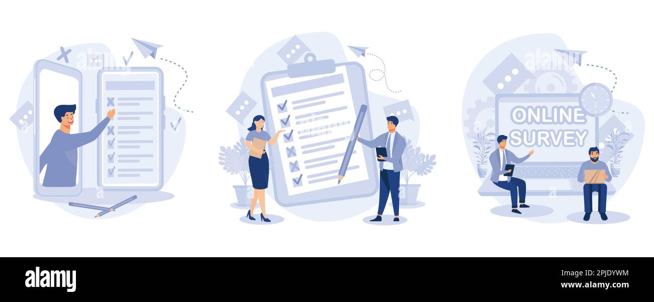 Online survey concept. Tiny people filling online survey form on ...