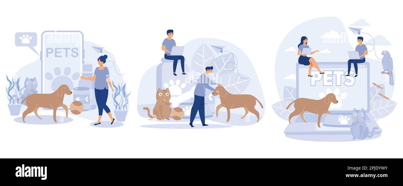 Pets care. Pet shop. Tiny people and Pets Concept, set flat vector ...