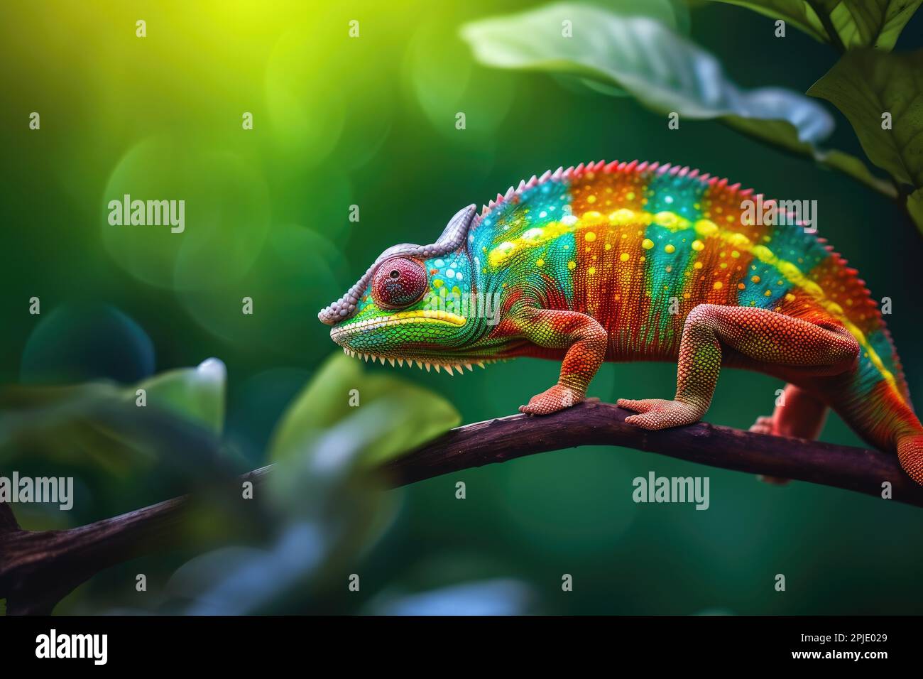 rainbow colored chameleon on a branch of a tree Stock Photo - Alamy