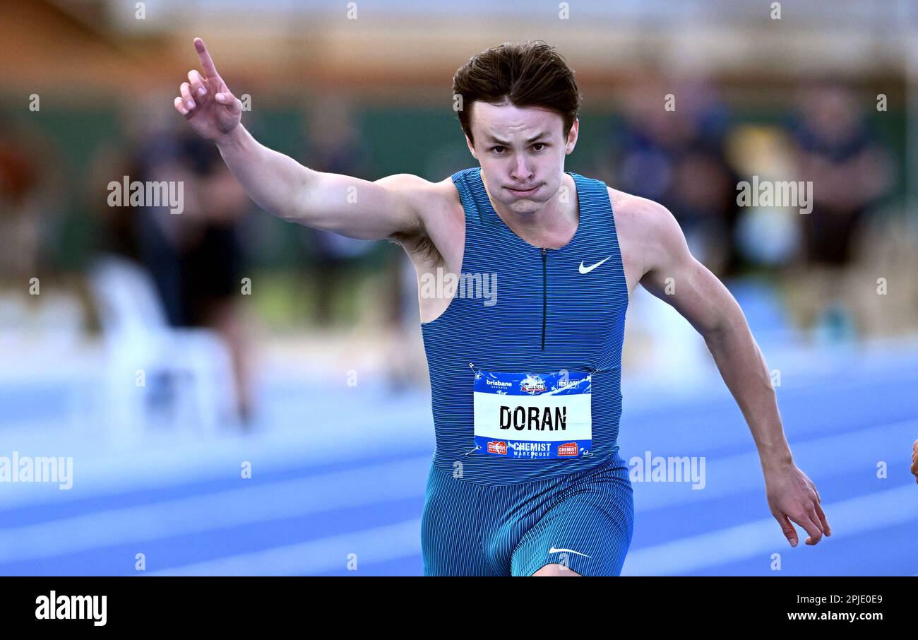 Jake Doran celebrates winning the men’s 200 metres final during the ...