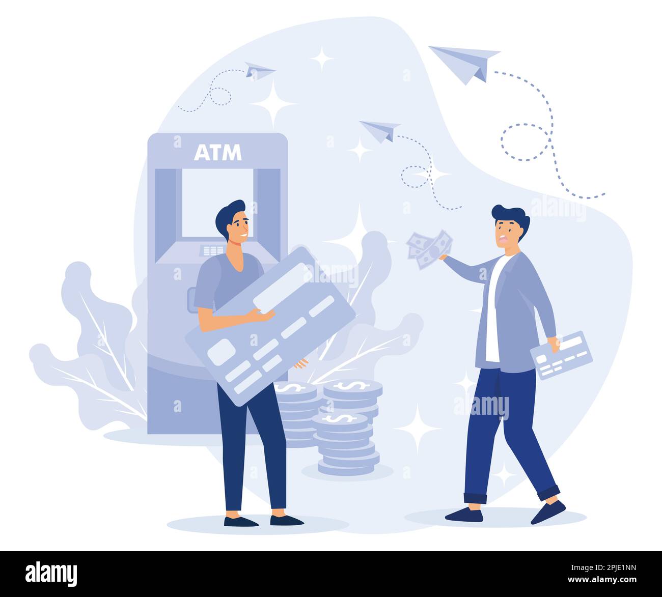 ATM concept. Tiny people waiting in line near atm machine holding ...