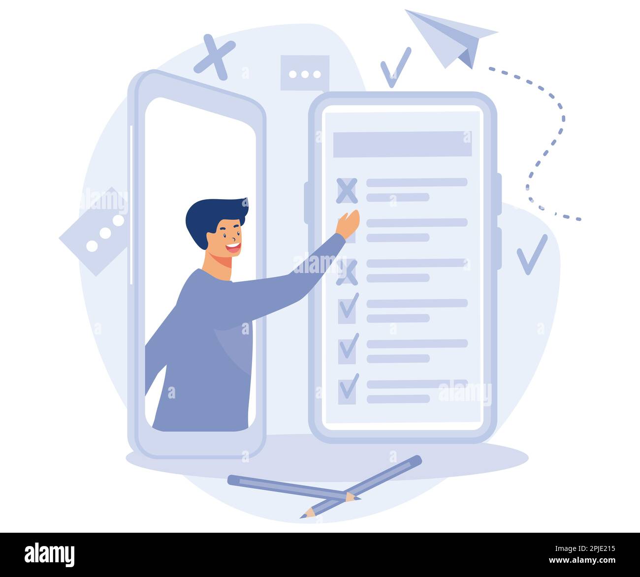 Online survey concept. Tiny people filling online survey form on smartphone or laptop. Feedback ...