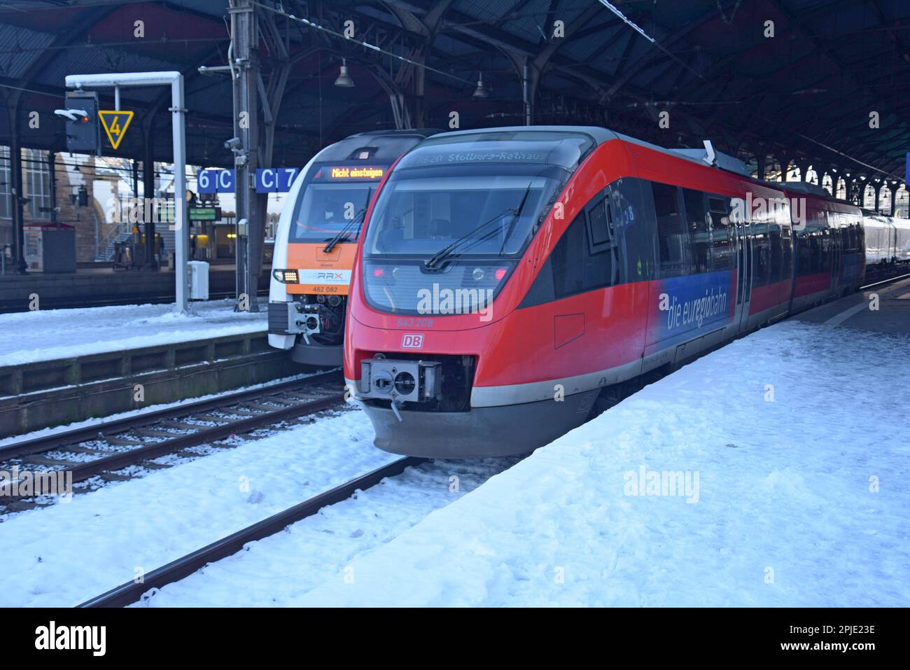 Regional Deutsche Bahn trains at Aachen Railway Station in the snow ...