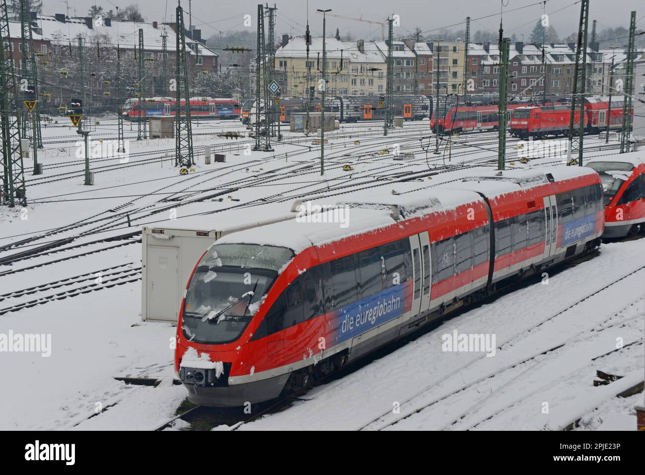 Deutsche Bahn railway maintenance depot at Aachen, Germany in the snow ...