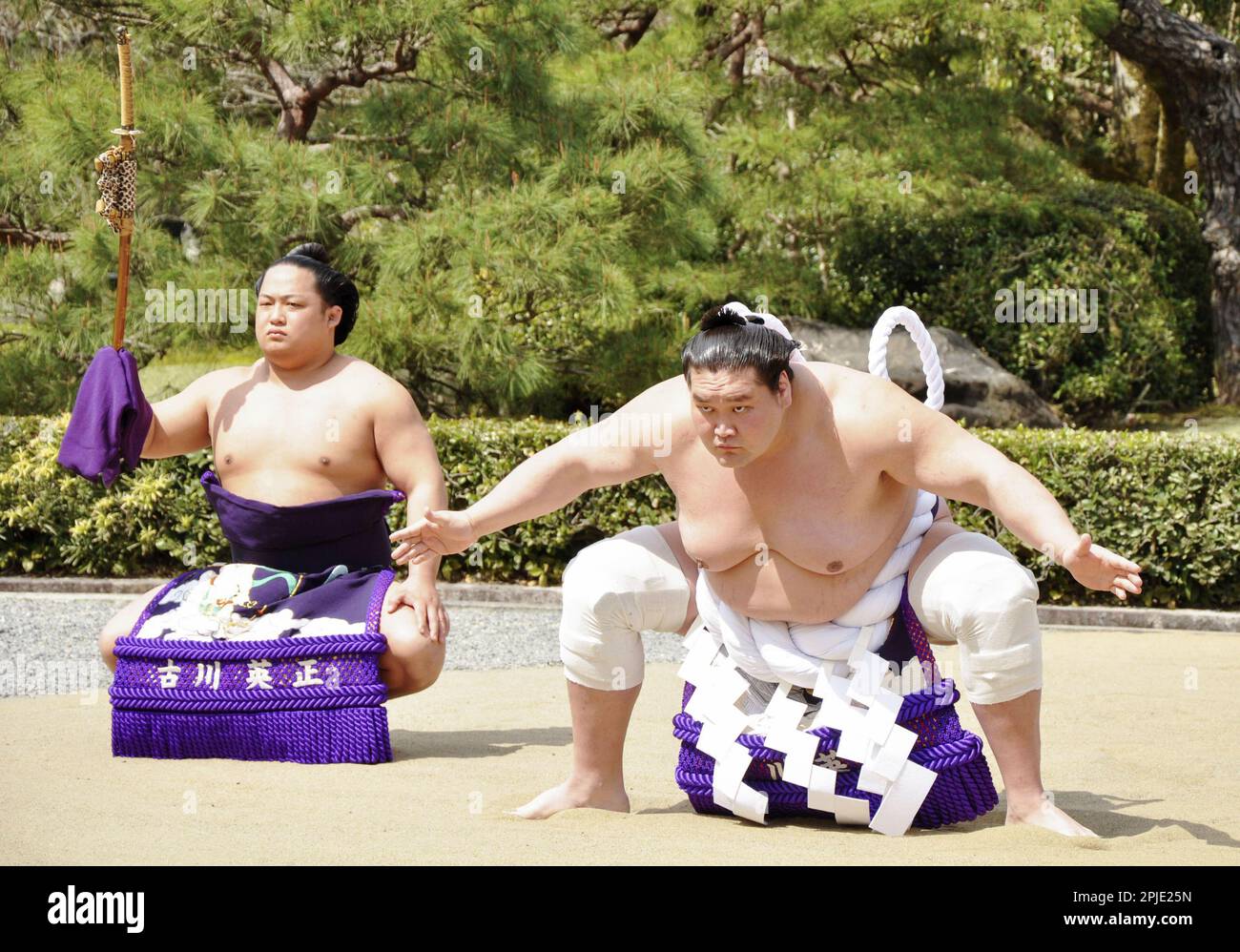 Sumo grand champion Terunofuji performs a ceremonial ring-entering ...