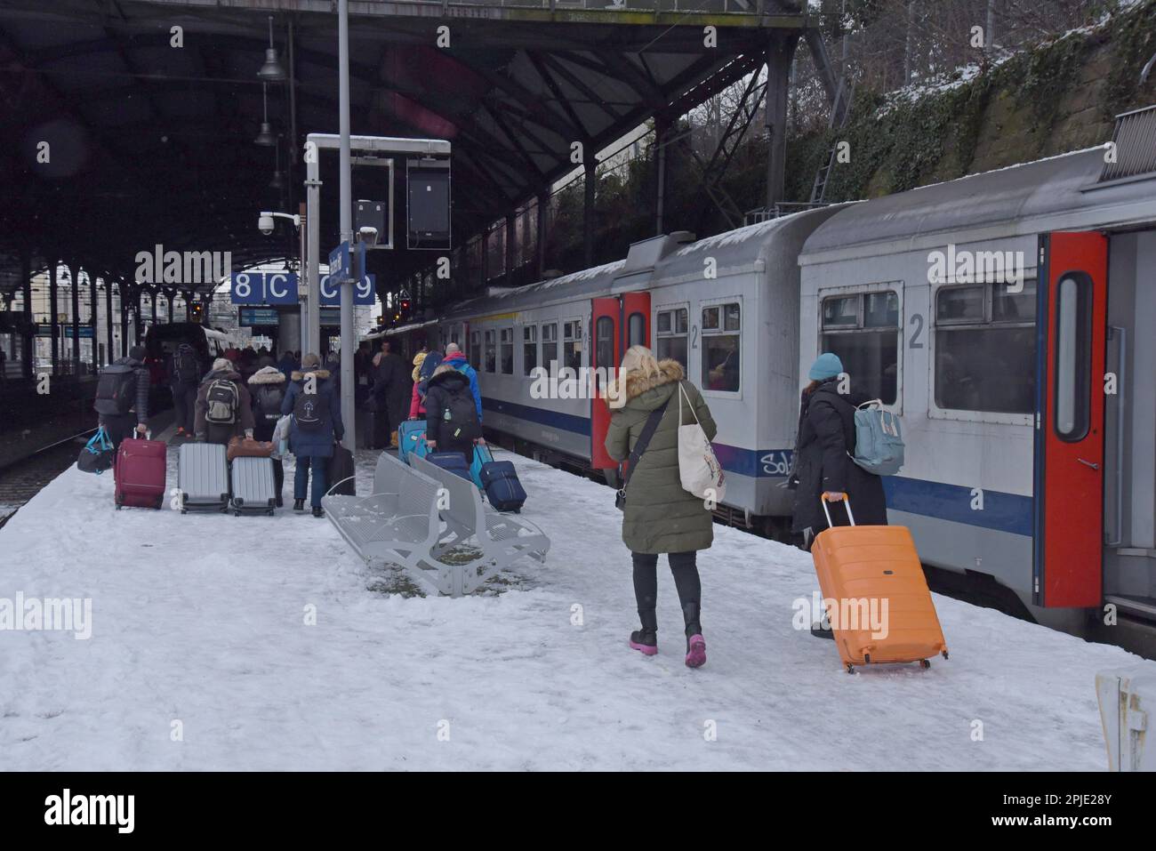 Passengers from Brussels getting off a Belgian Railways cross border ...