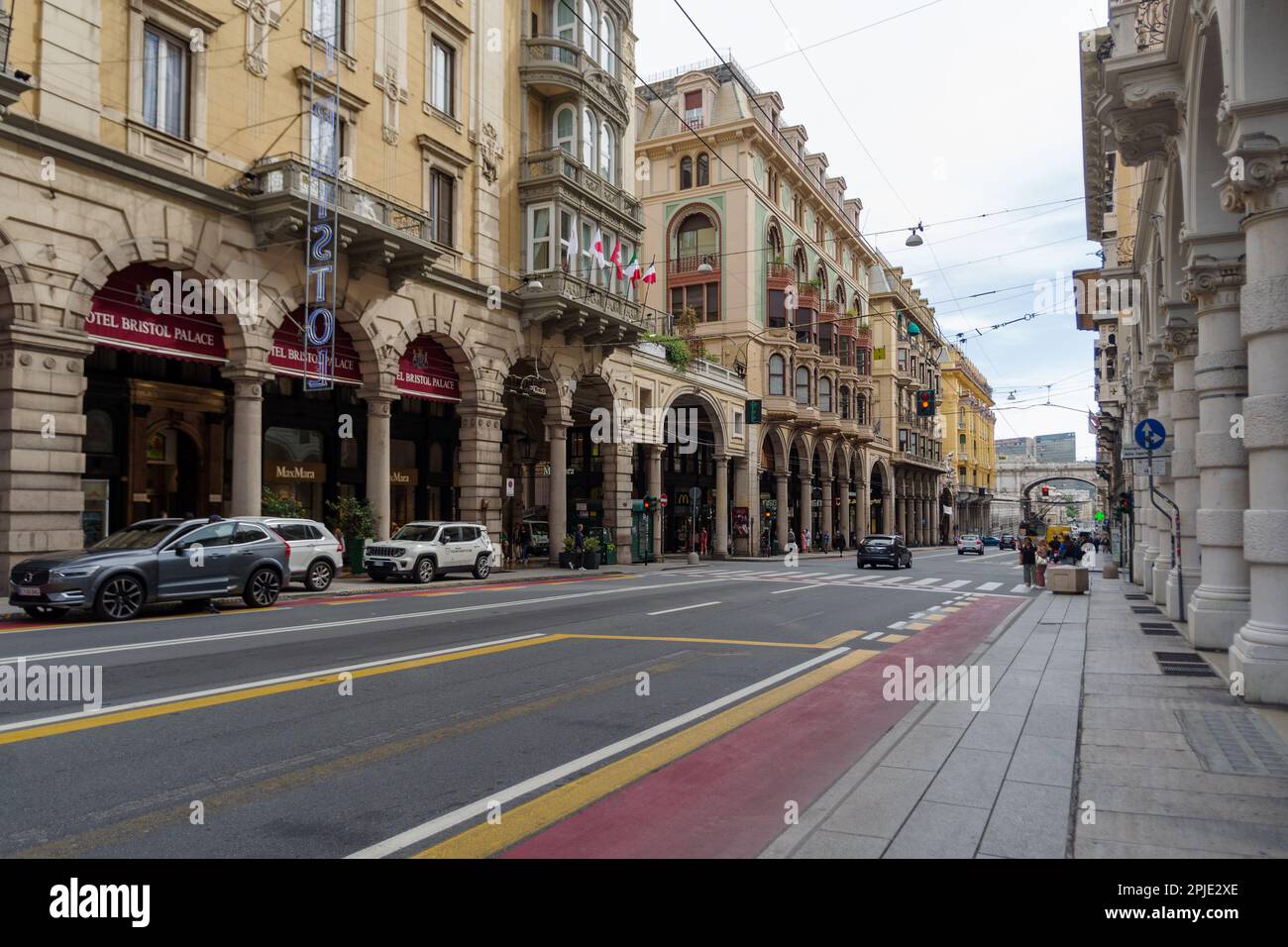 Genoa, Italy, View along XX Settembre street in the historic center of ...