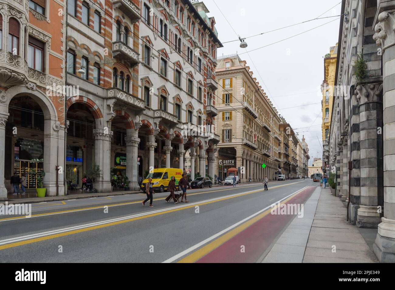 Genoa, Italy, View along XX Settembre street in the historic center of ...