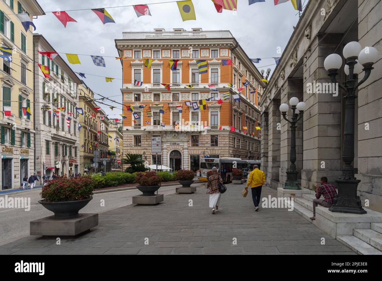 View along city street in the historic center of Genoa, Italy Stock ...