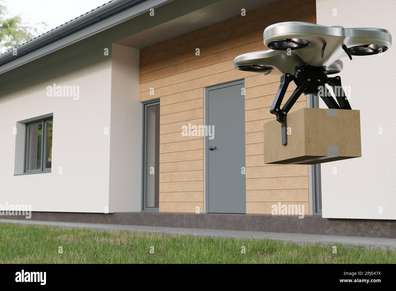 Drone delivery of food and goods to house, quadcopter flies with box ...