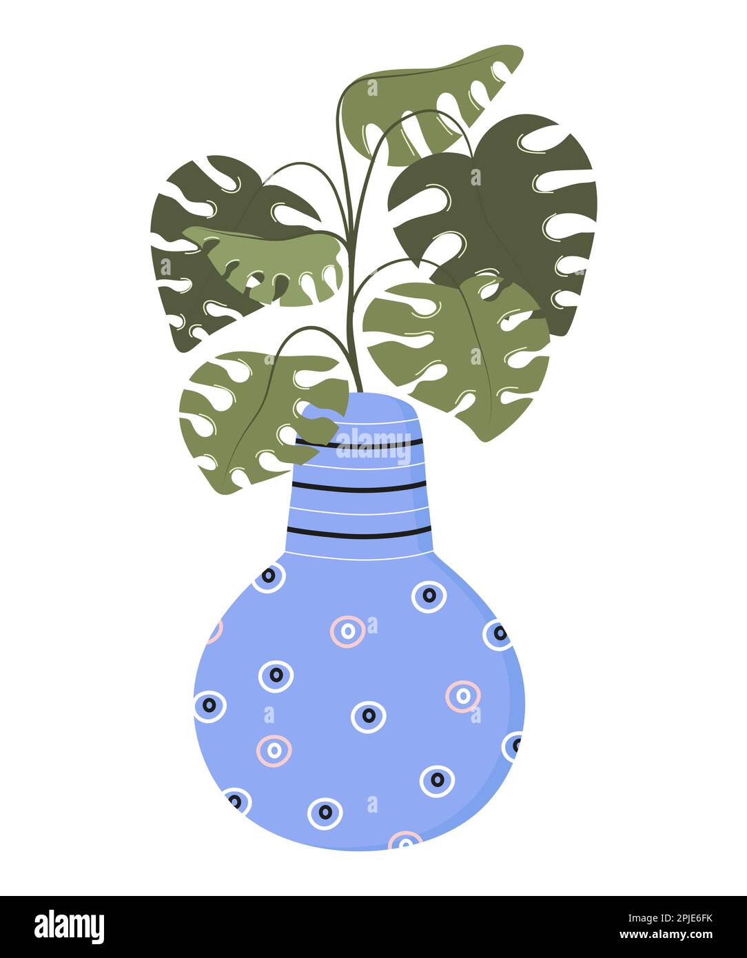 Monstera, palm houseplant with clay pot with ornaments vector set ...