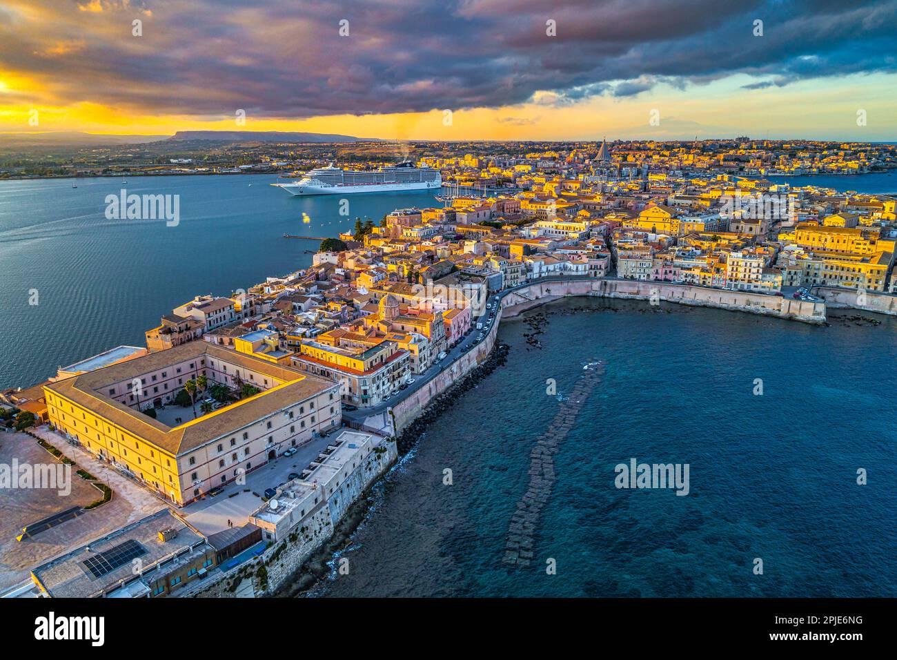 Aerial view of the island of Ortigia of its noble palaces and the port ...