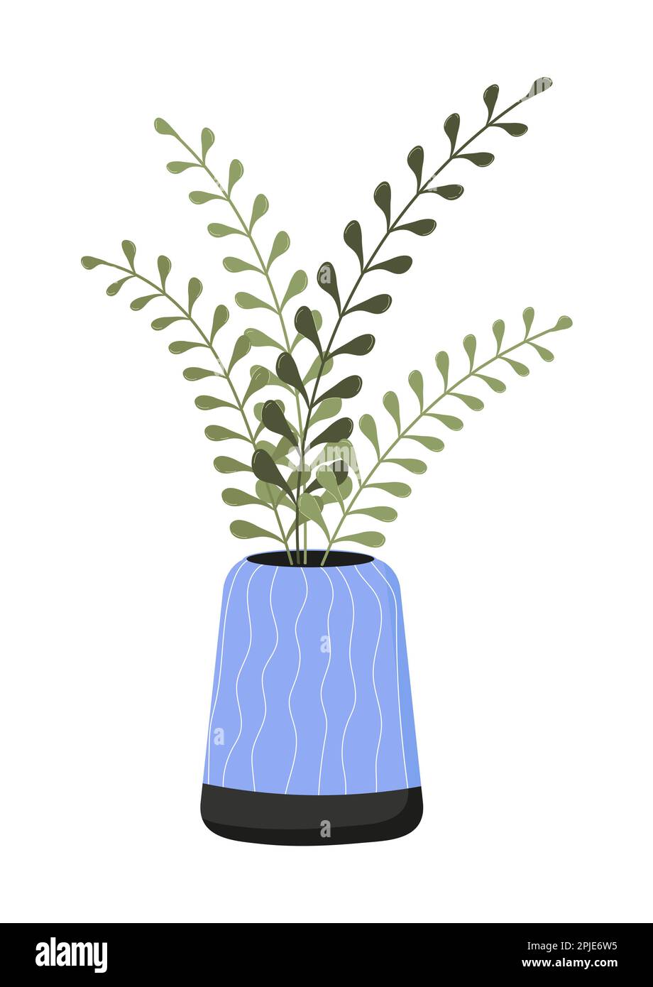 Fern houseplant with clay pot with ornaments vector set. Plant growing ...