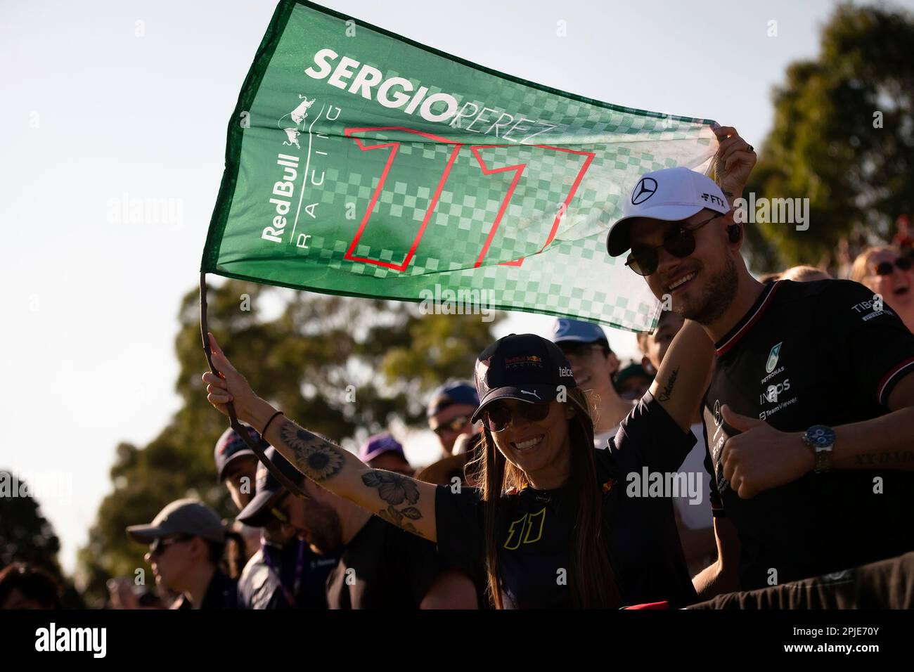 MELBOURNE, AUSTRALIA - APRIL 02: A formula 1 fan waves a flag during ...