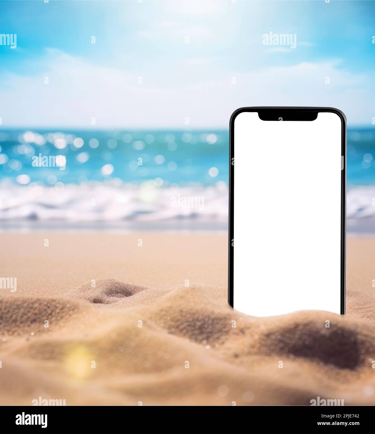 The smartphone lies buried in the sand on the beach, and takes a photo ...