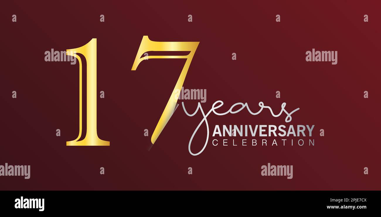 17th anniversary celebration logotype number gold color with red color ...