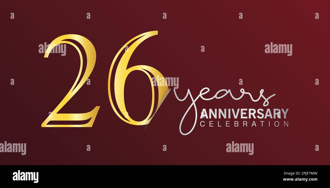 26th anniversary celebration logotype number gold color with red color ...