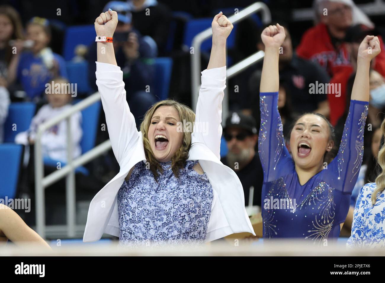 April 1, 2023: Coach Janelle McDonald (UCLA) celebrates a beam routine ...