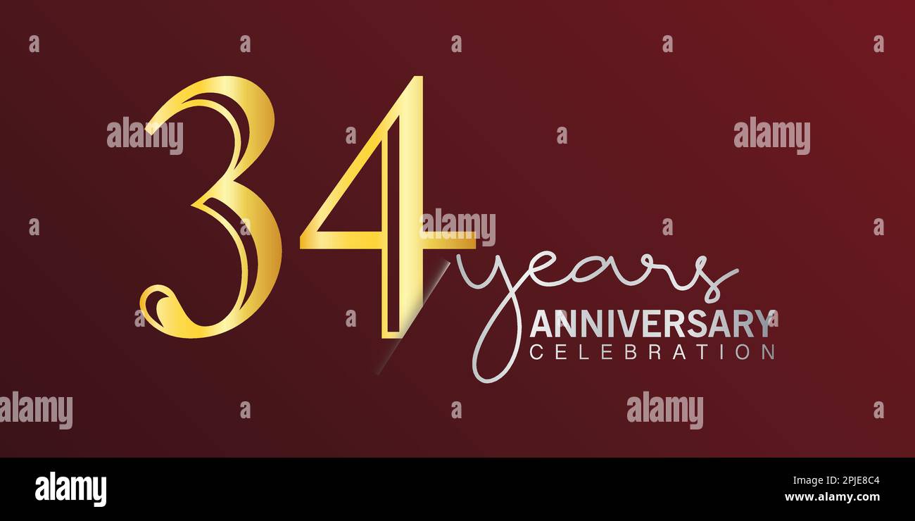 34th anniversary celebration logotype number gold color with red color ...