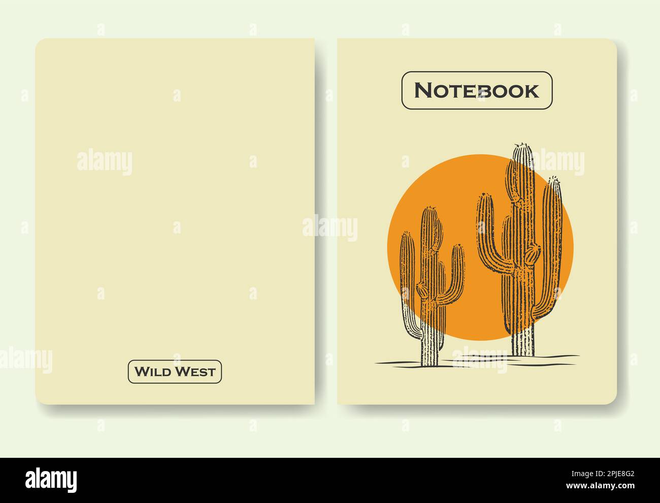 Notebook cover wild west desert vintage design. Cacti plant with sun ...