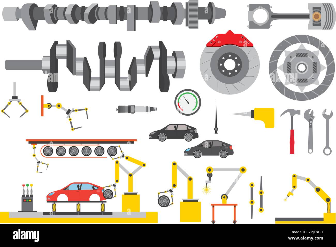 Realistic car parts and mechanic tools isolated on white background ...