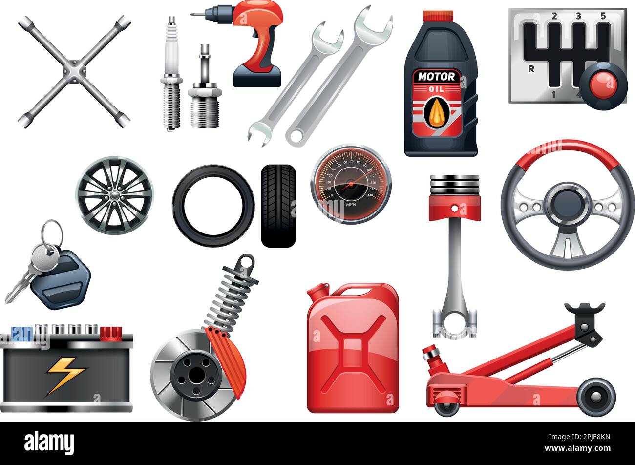 Realistic car parts and mechanic tools isolated on white background ...