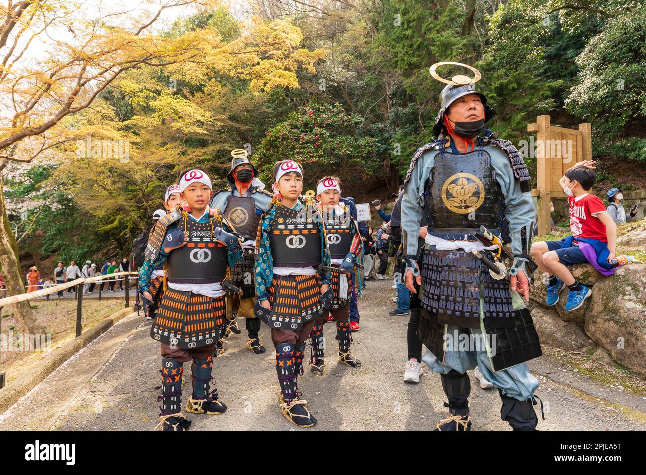 Young Japanese children dressed in ashigaru armour, in two rows walking ...