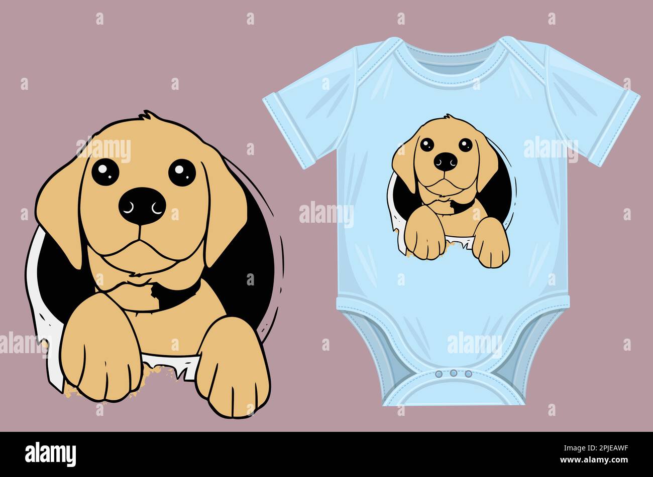 Cute labrador puppy dog out from baby shirt. Vector illustration for t ...