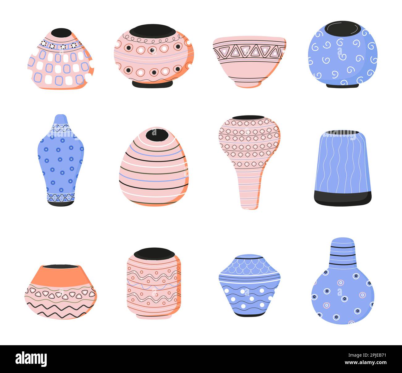 Ceramic flowerpots with ornaments vector set. Empty flower pots in hand ...