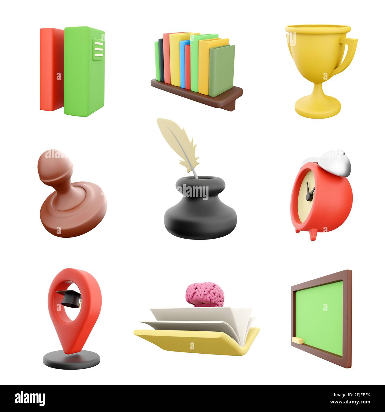 3d rendering two books, bookshelf, golden cup, stamp, feather and ink ...