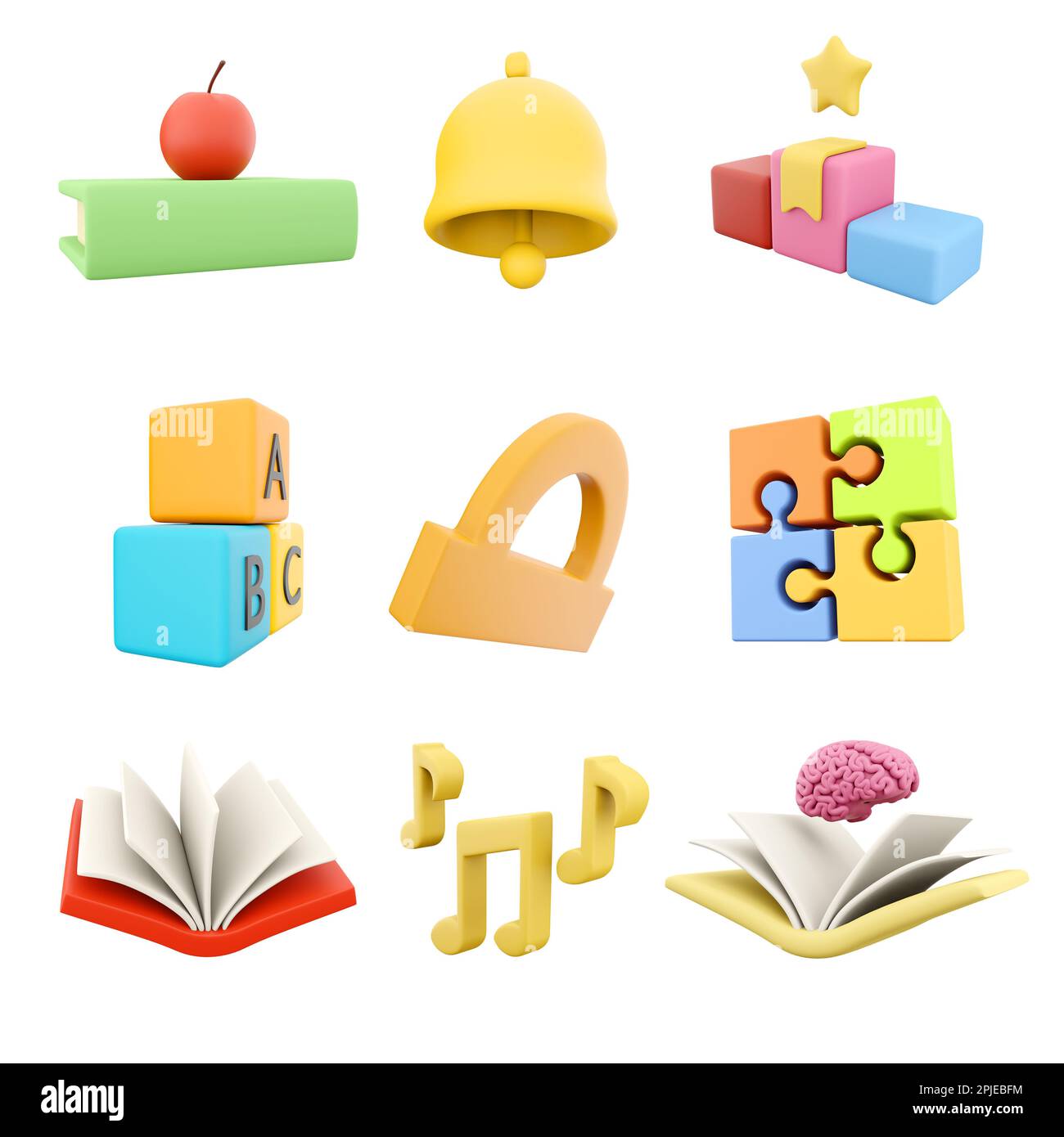 3d rendering book with apple, bell, podium with star, ABC blocks ...