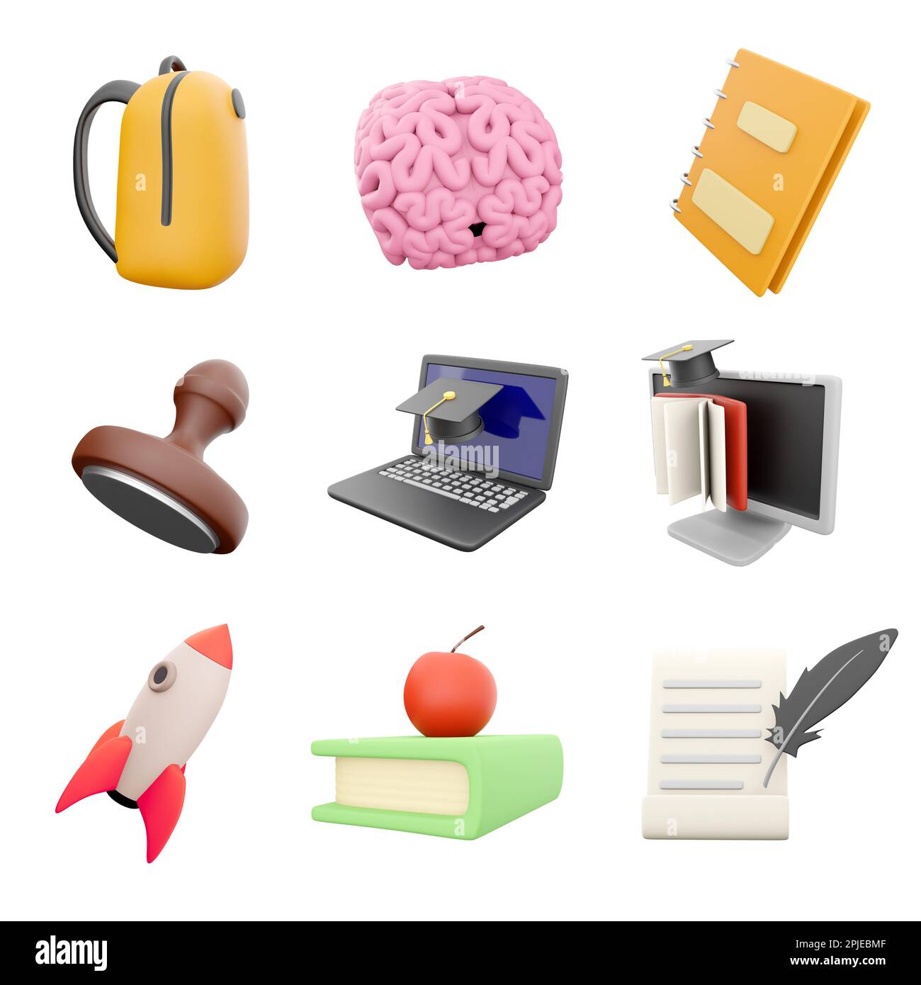 3d rendering yellow school bag, pink brain, notebook, stamp, laptop ...