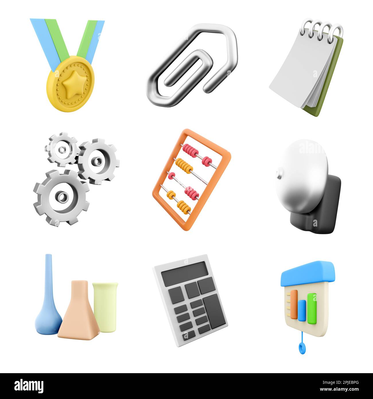 3d rendering golden medal, clip, notebook, three gears, abocus, bell ... 3d rendering golden medal, clip, notebook, three gears, abocus, bell ...