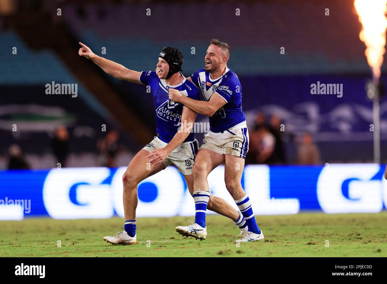 Matt Burton of the Bulldogs celebrates kicking the winning field goal ...