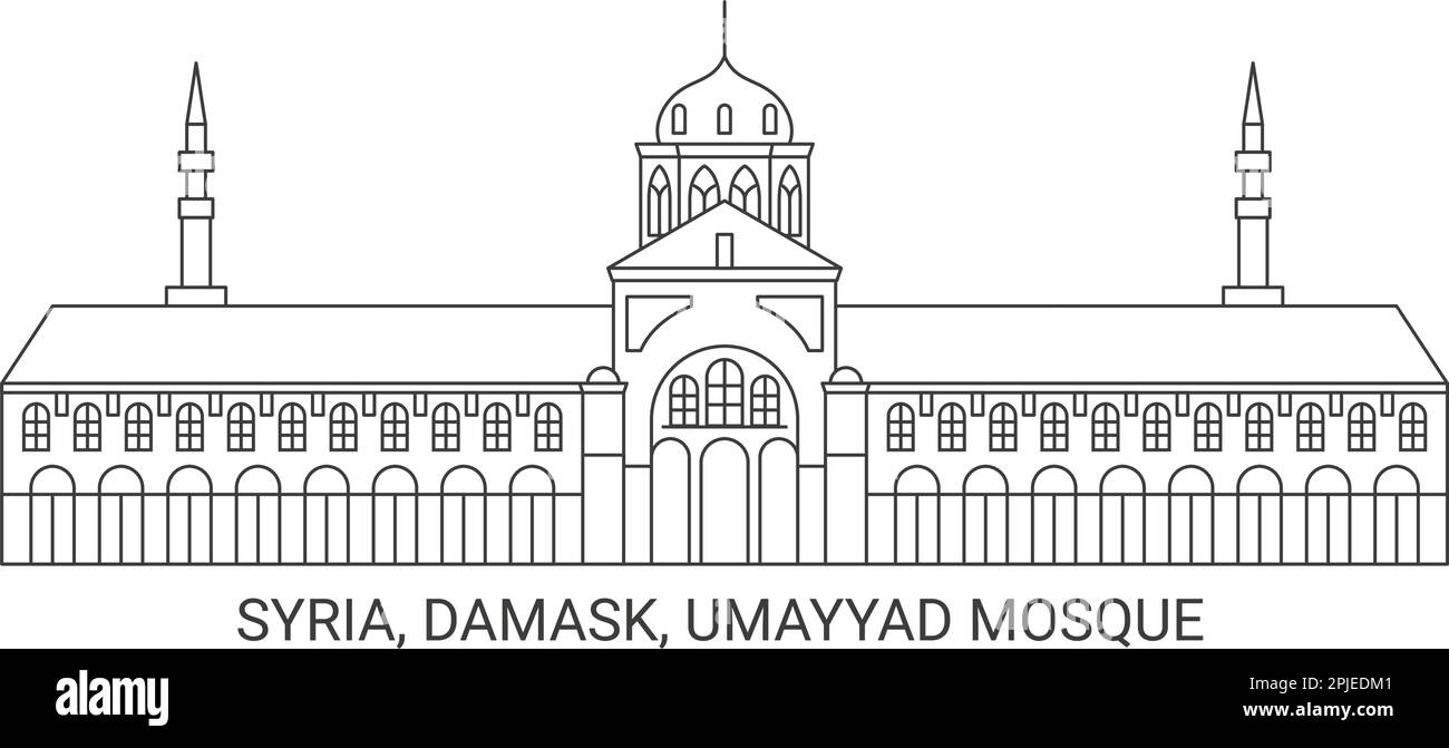 Syria, Damask, Umayyad Mosque, travel landmark vector illustration ...