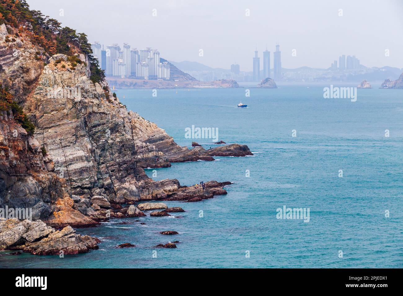 Busan, South Korea, coastal landscape with rocky slopes of Dongbaek ...