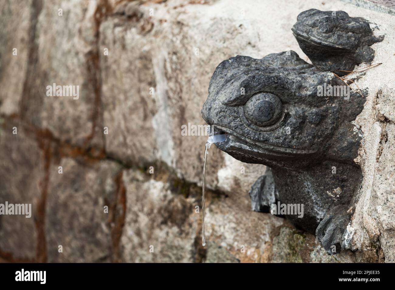 Frog fountain at the entrance of Taejongsa Temple at Taejongdae park ...