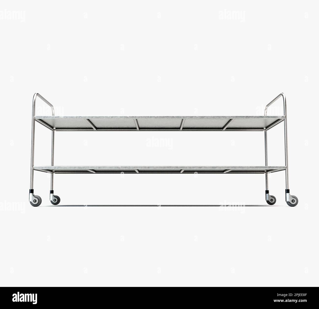 A simple stainless steel and chrome hospital or mortuary gurney with ...