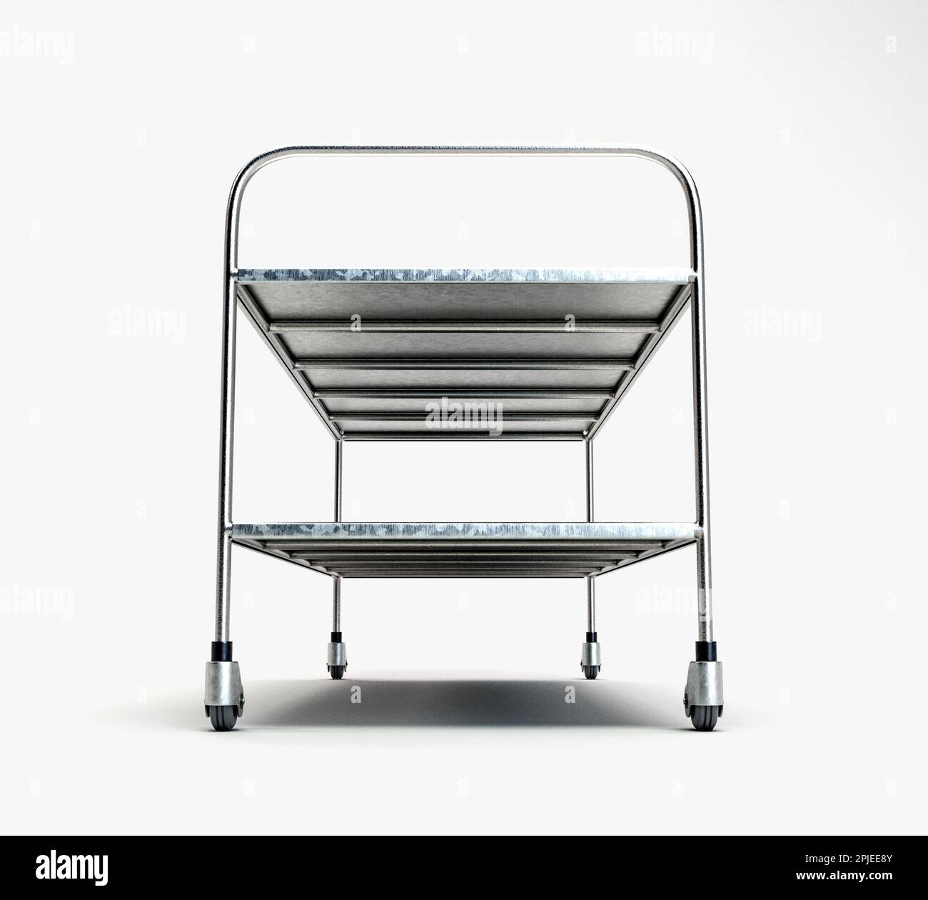 A simple stainless steel and chrome hospital or mortuary gurney with ...