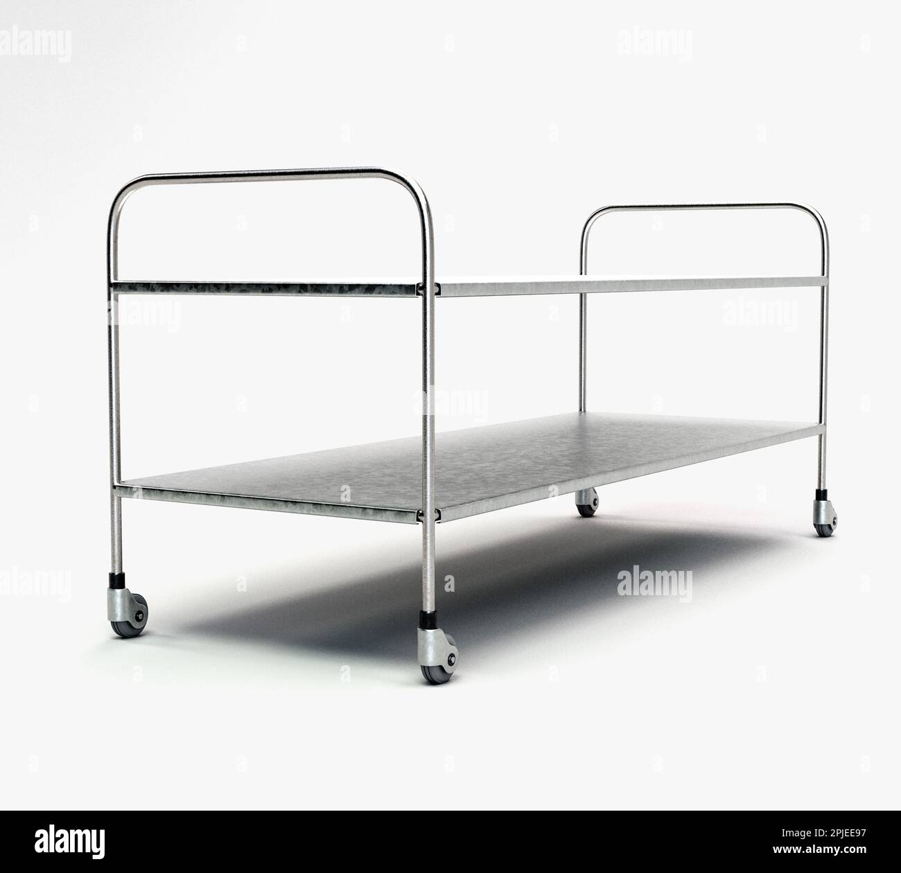 A simple stainless steel and chrome hospital or mortuary gurney with ...