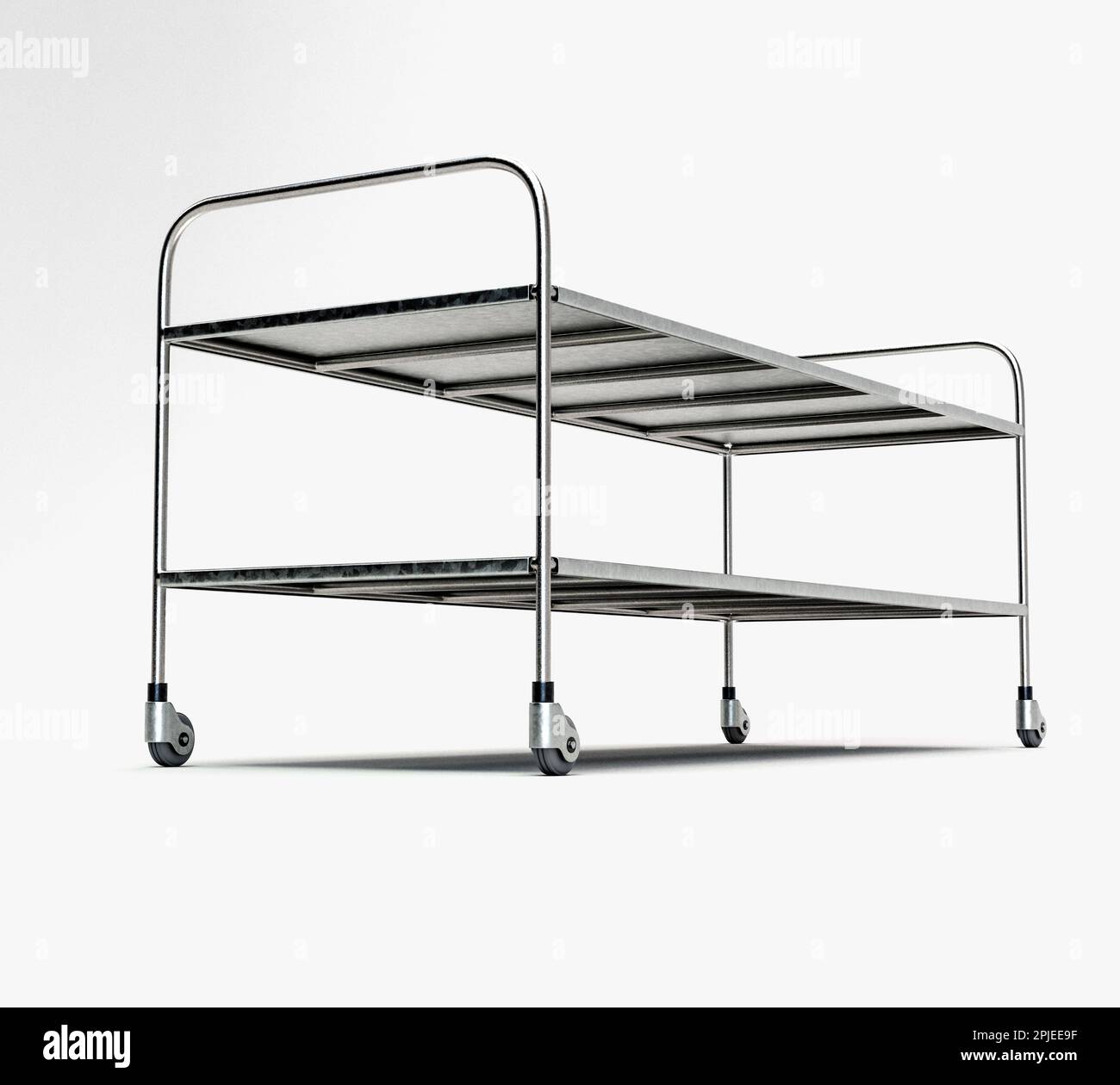 A simple stainless steel and chrome hospital or mortuary gurney with ...