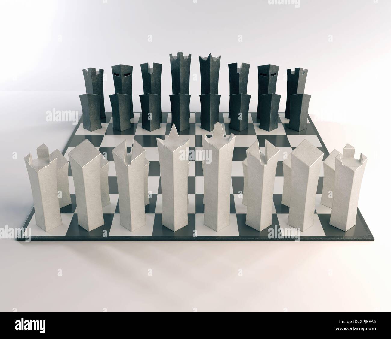 A minimalist metal chess set setup to begin on a checkered board and ...