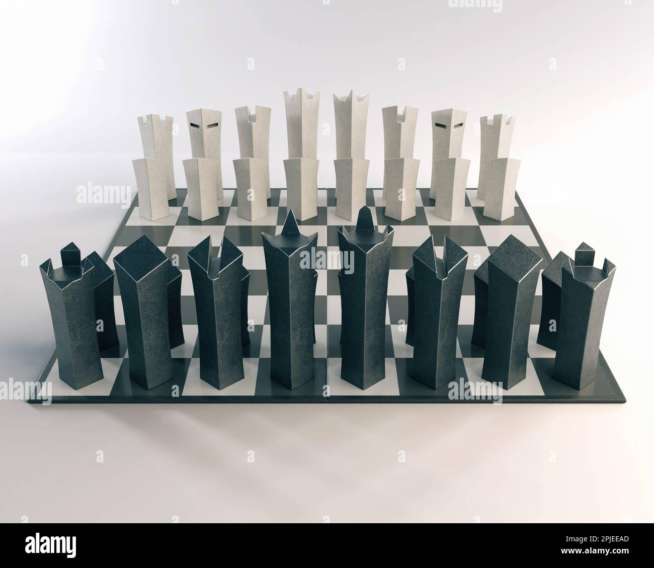 A minimalist metal chess set setup to begin on a checkered board and ...