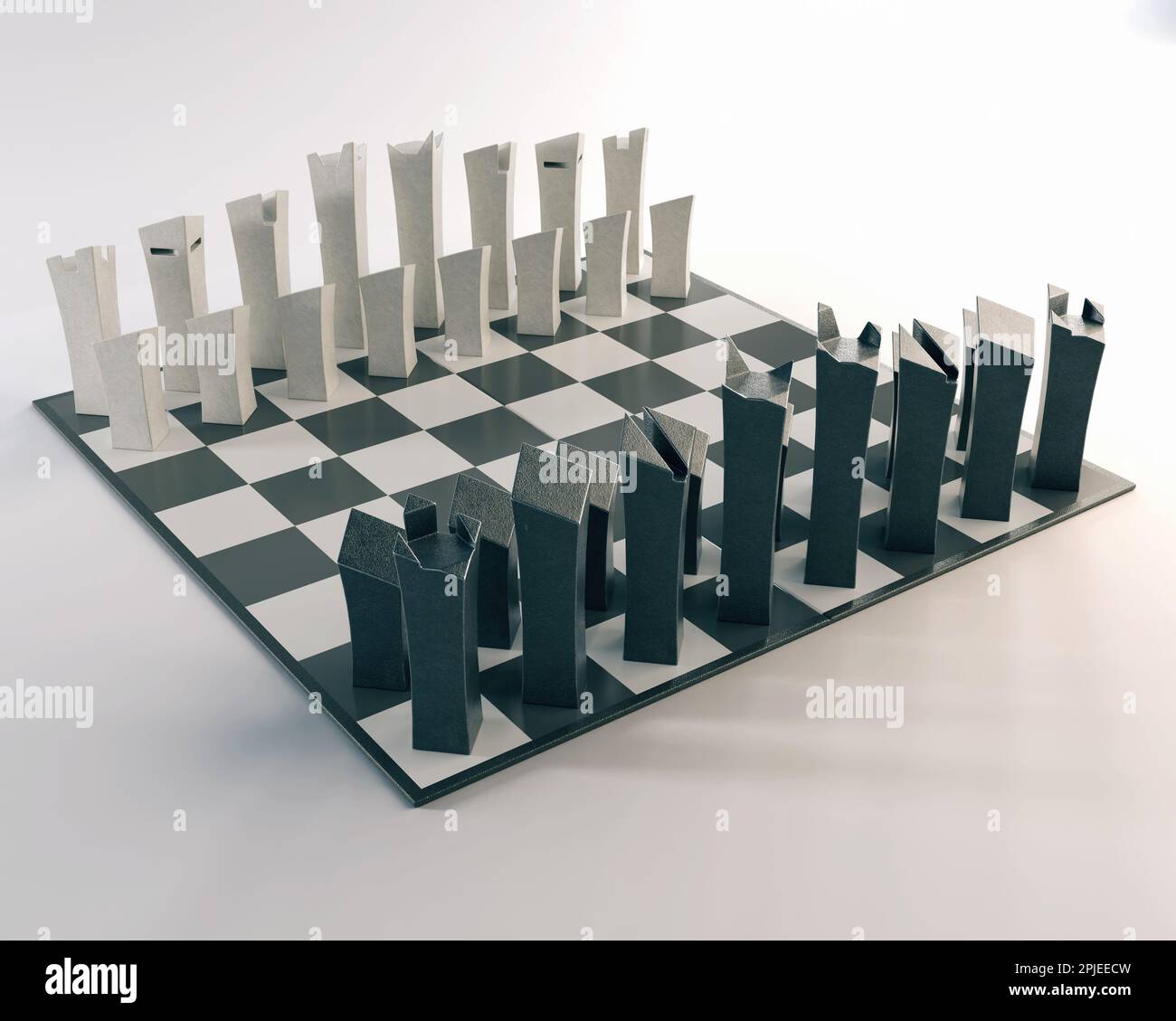 A minimalist metal chess set setup to begin on a checkered board and ...